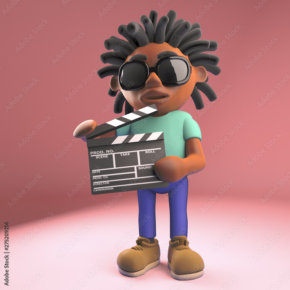 Cartoon black man holding a movie slate clapperboard, 3d illustration ...