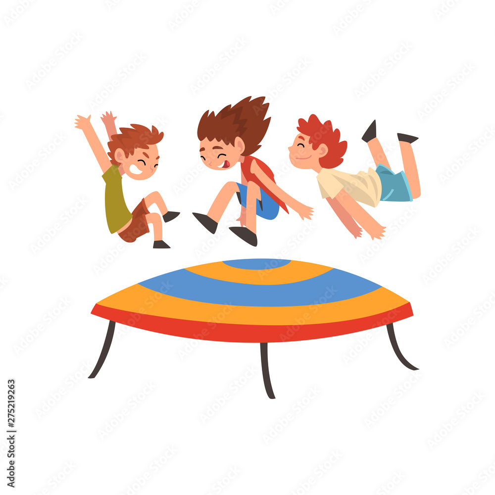 Cute Boys and Girl Jumping on Trampoline, Happy Kids Bouncing and ...