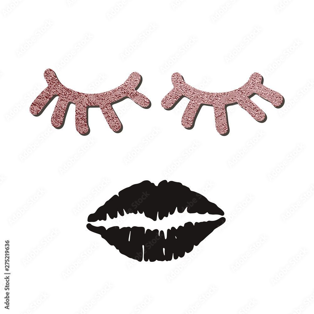 Eyelashes and lips. Beauty woman face with pink shiny lashes. Luxury ...