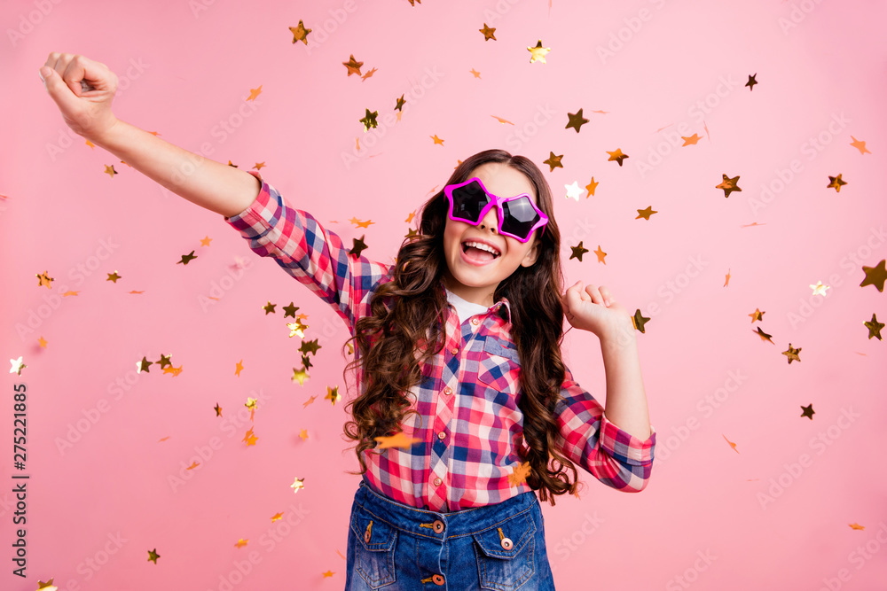 Portrait of cute charming pretty lovely kid child have fun candid ...