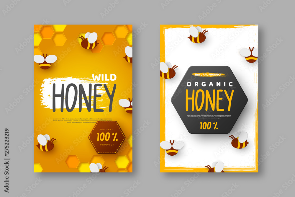 Paper cut style posters with bee and honeycomb. Typographic design for ...