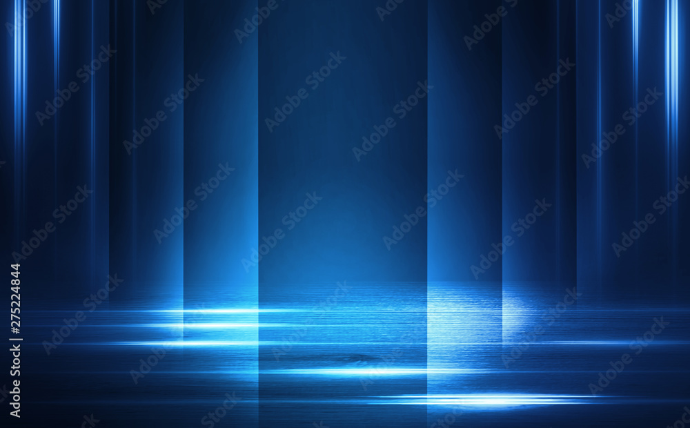 Empty background scene. Dark street reflection on wet asphalt. Rays of ...