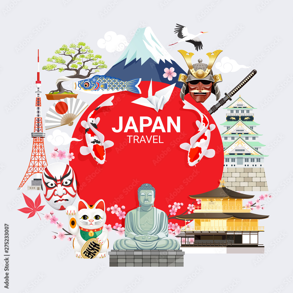 Japan famous landmarks travel background with tokyo tower, fuji ...