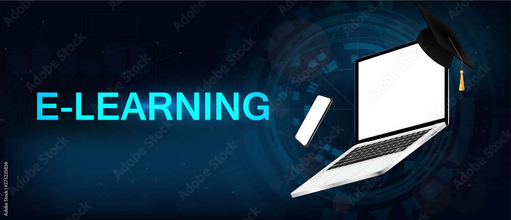 Online education banner with laptop and smartphone. E-Learning concept ...