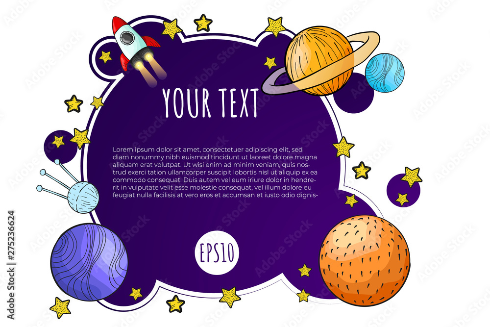 Vector template layout with hand draw illustration of planets, moons ...