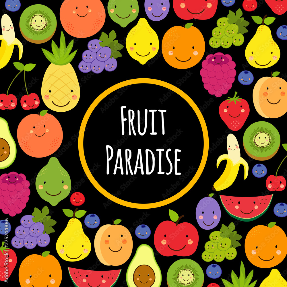 Cute Fruit Paradise frame background with various fruit characters ...