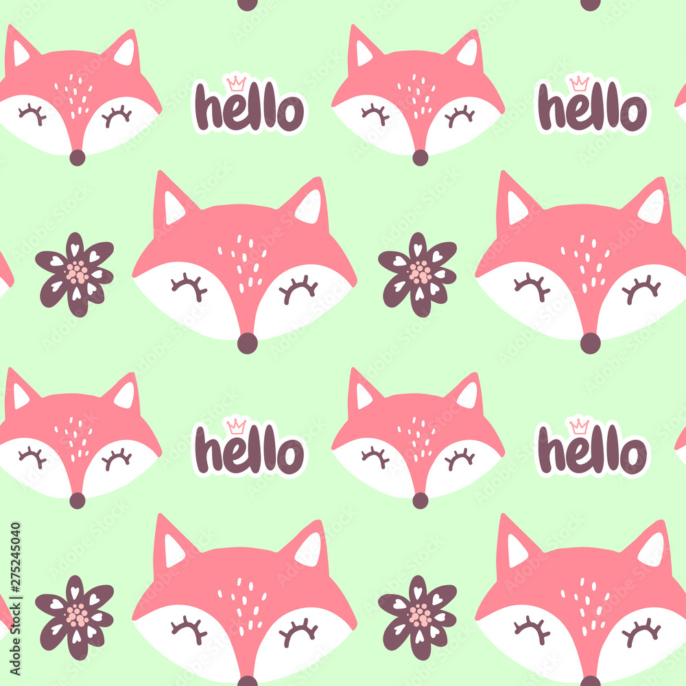 Cute red fox seamless pattern. Vector animals background. All over ...