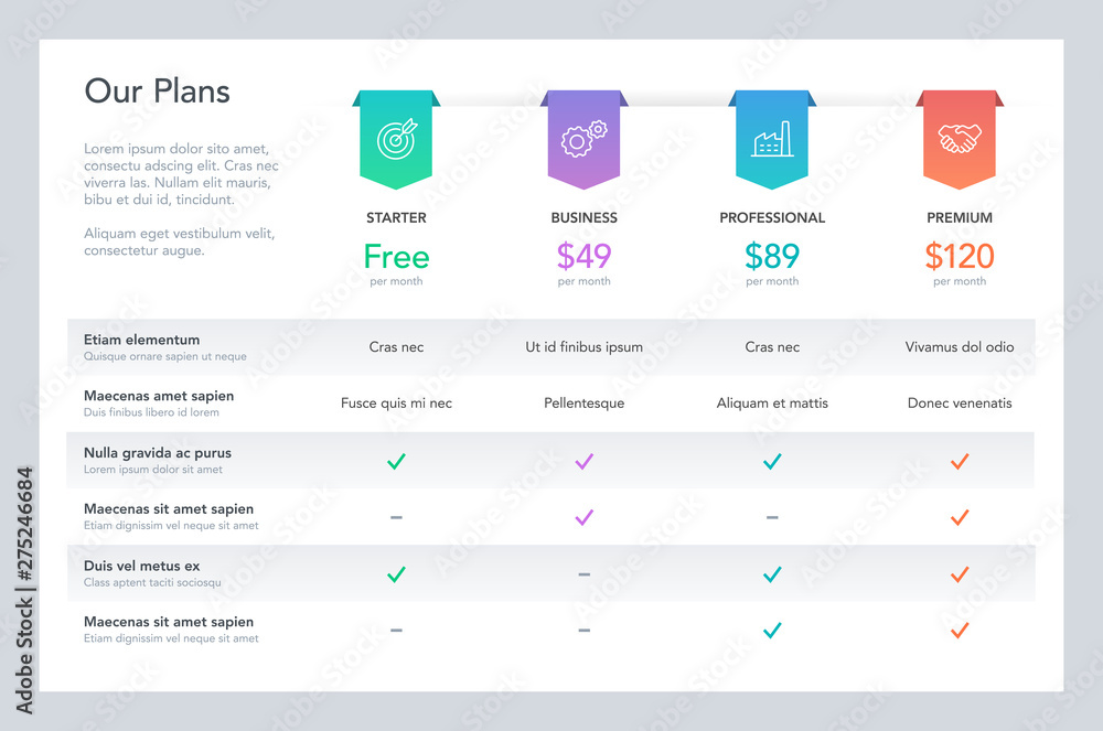 Modern pricing comparison table with four subscription plans and place ...