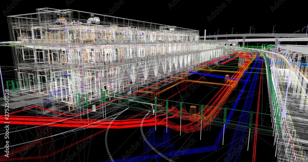 The BIM model of the of civil infrastructure object of wireframe view ...