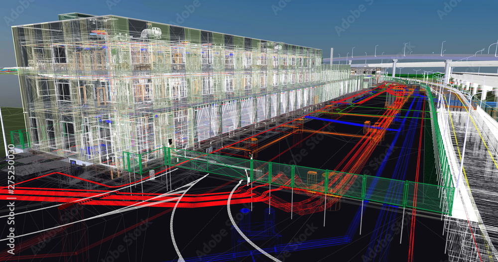 The BIM model of the of civil infrastructure object of wireframe view ...