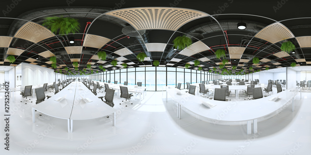 Workplaces in a modern panoramic office,Panorama of office with sea ...