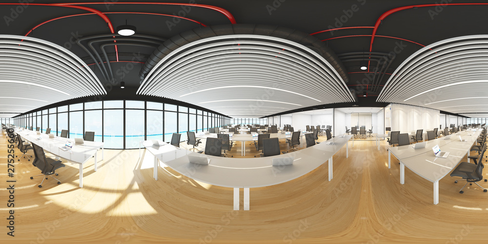 Workplaces in a modern panoramic office,Panorama of office with sea ...