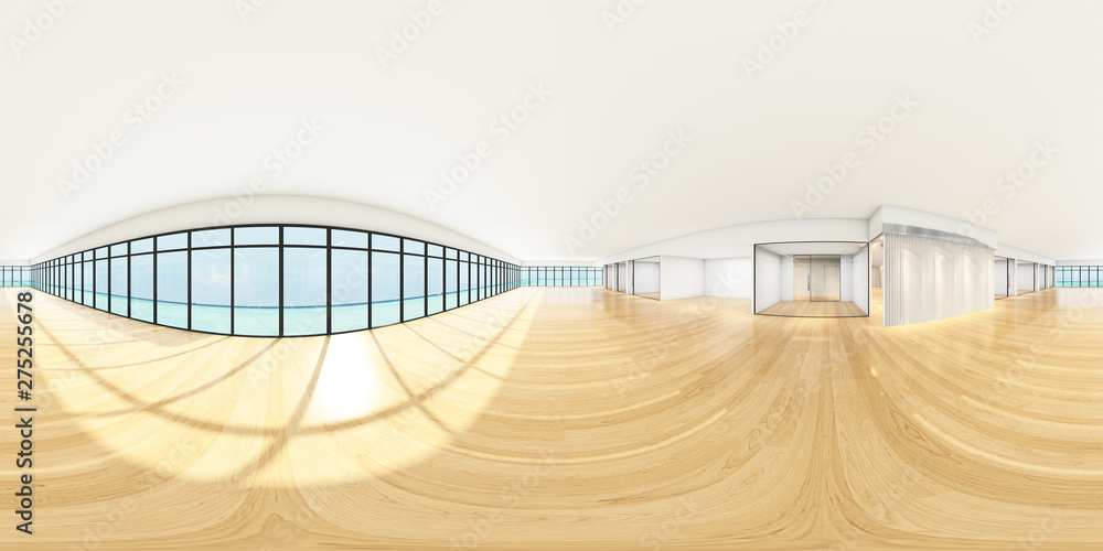 Workplaces in a modern panoramic office,Panorama of office with sea ...