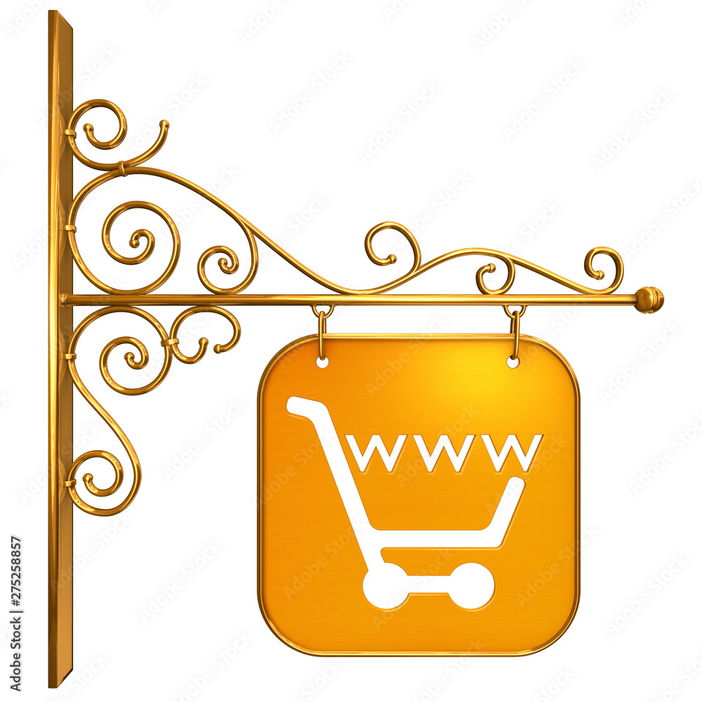 Old fashioned hanging sign for a web shop with clipping paths. The ...