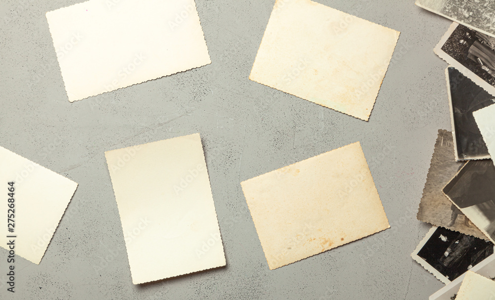 Old photo, blank template for picture, mock-up. Gray background. Stock ...