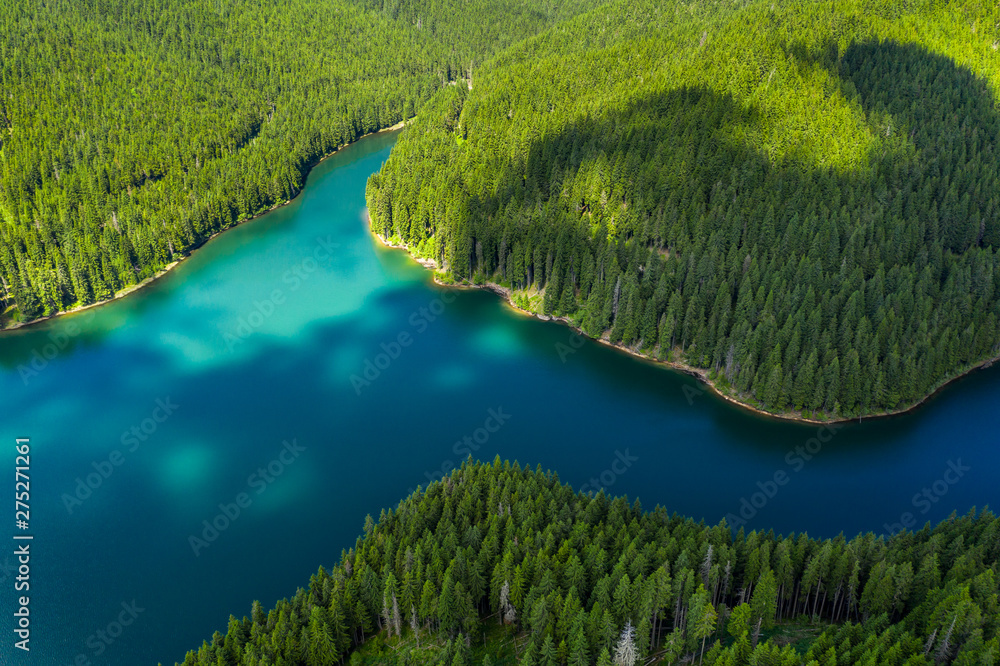 Mountain forest lake landscape. Aerial view. View on the turquoise ...