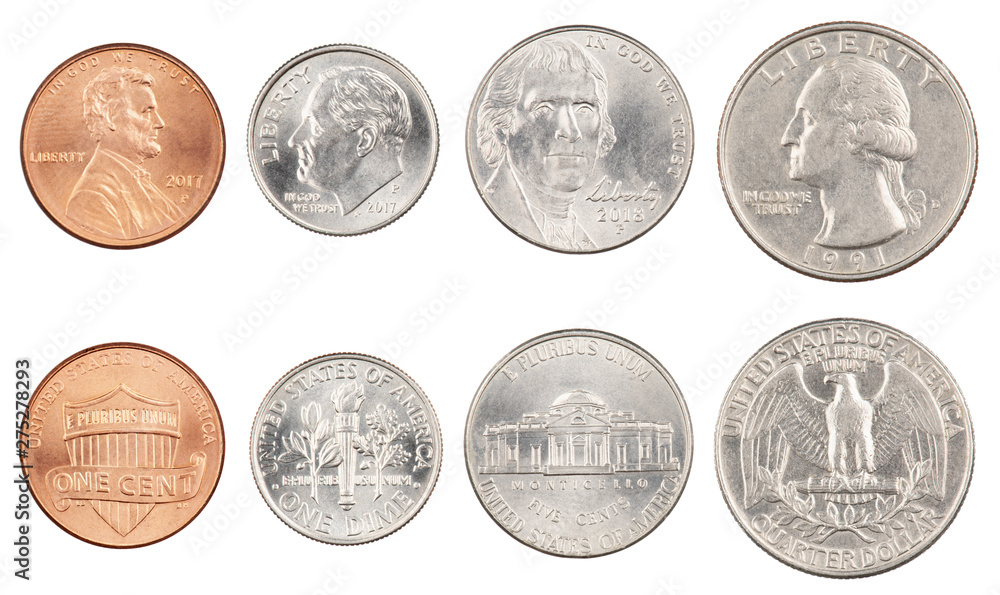 Four most commonly used American Coins isolated on white background ...