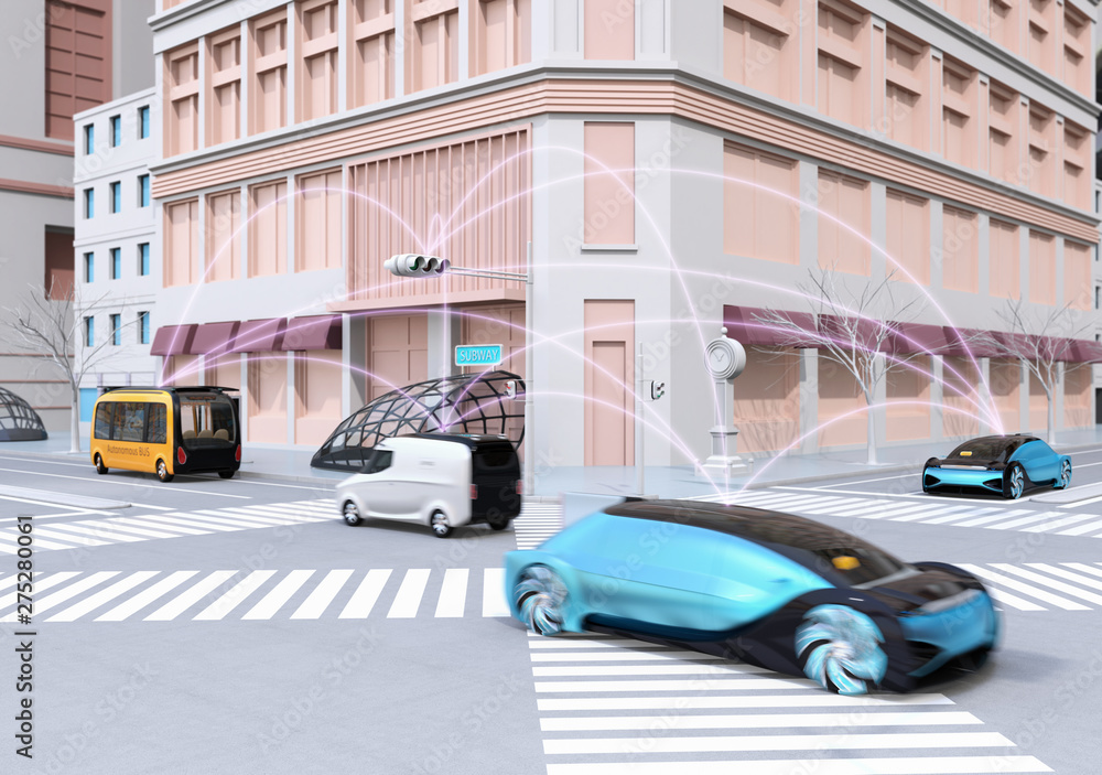 Traffic in modern city intersection. Self driving sedan, delivery van ...