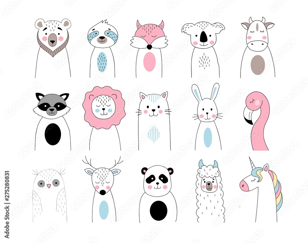 Cute animals set in hand drawn style. Bear, koala, fox, sloth, cow ...