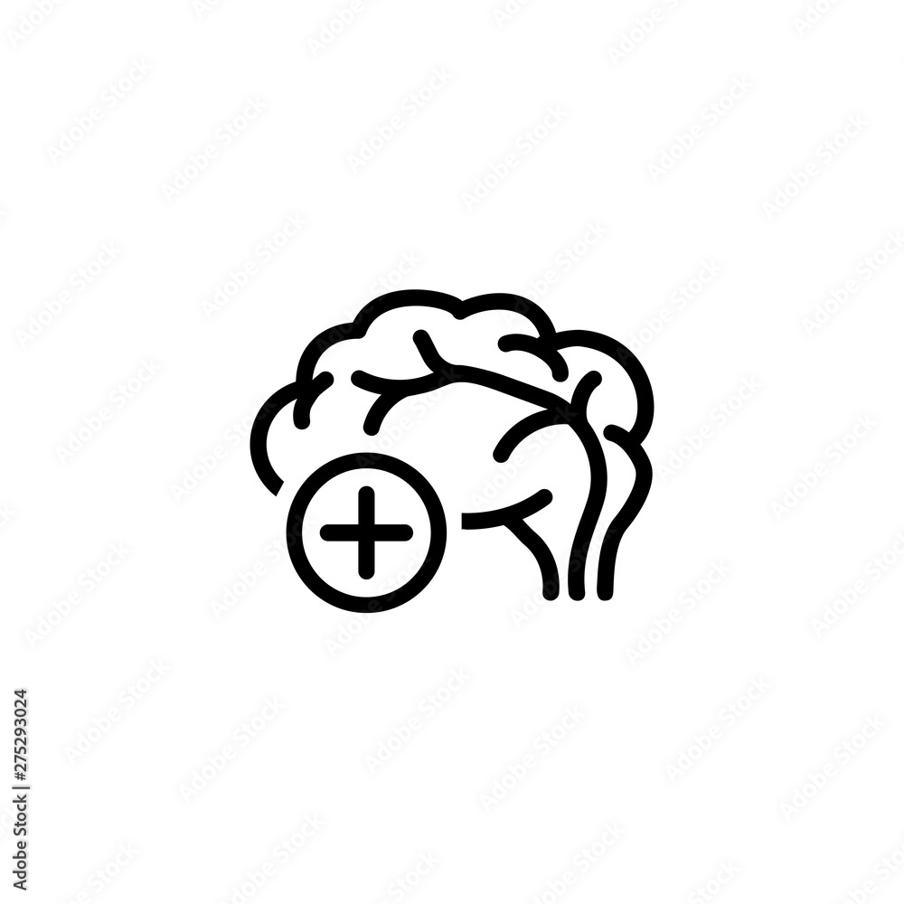 Brain health line icon. Human brain with plus symbol in circle ...