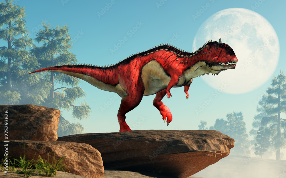 A red and white Rajasaurus with black stripes on a cliff by the moon ...