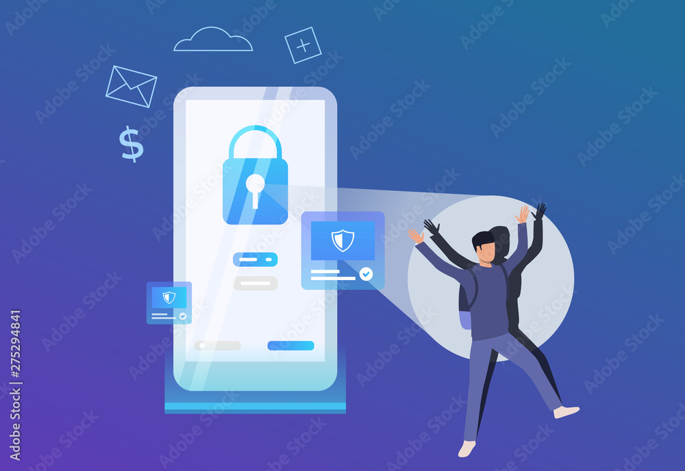 Hacker keeping hands up. Smartphone with blue lock and alert ...