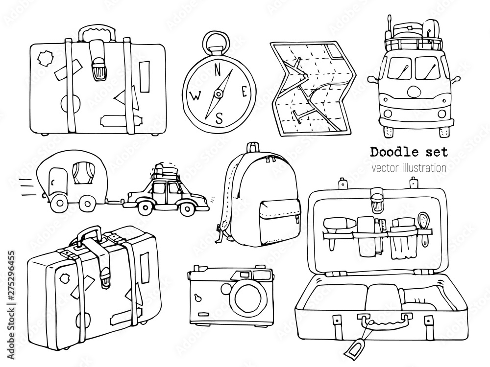 Set of cute hand drawn travel doodle. Vacation concept. Tourism and ...