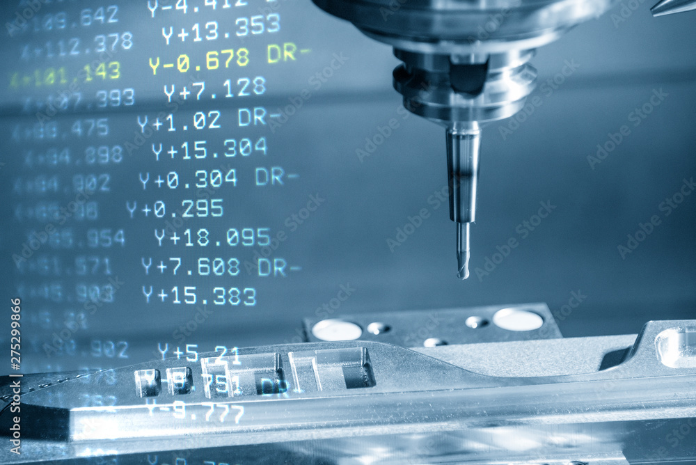 The abstract scene CNC milling machine with the G-code data background ...