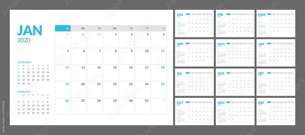 Calendar for 2020 year in clean minimal table simple style. Week Starts ...