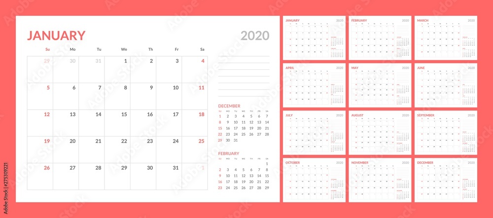 Calendar for 2020 year in clean minimal table simple style. Week Starts ...