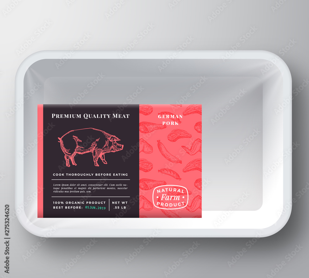 Pork Abstract Vector Plastic Tray Container Cover. Premium Quality Meat ...
