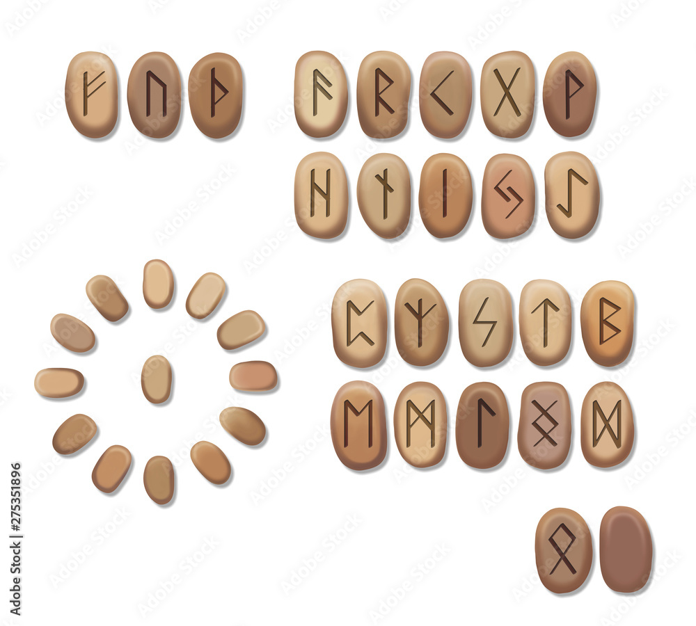 Stack of wooden runes isolated on white background. Runes are cut from ...