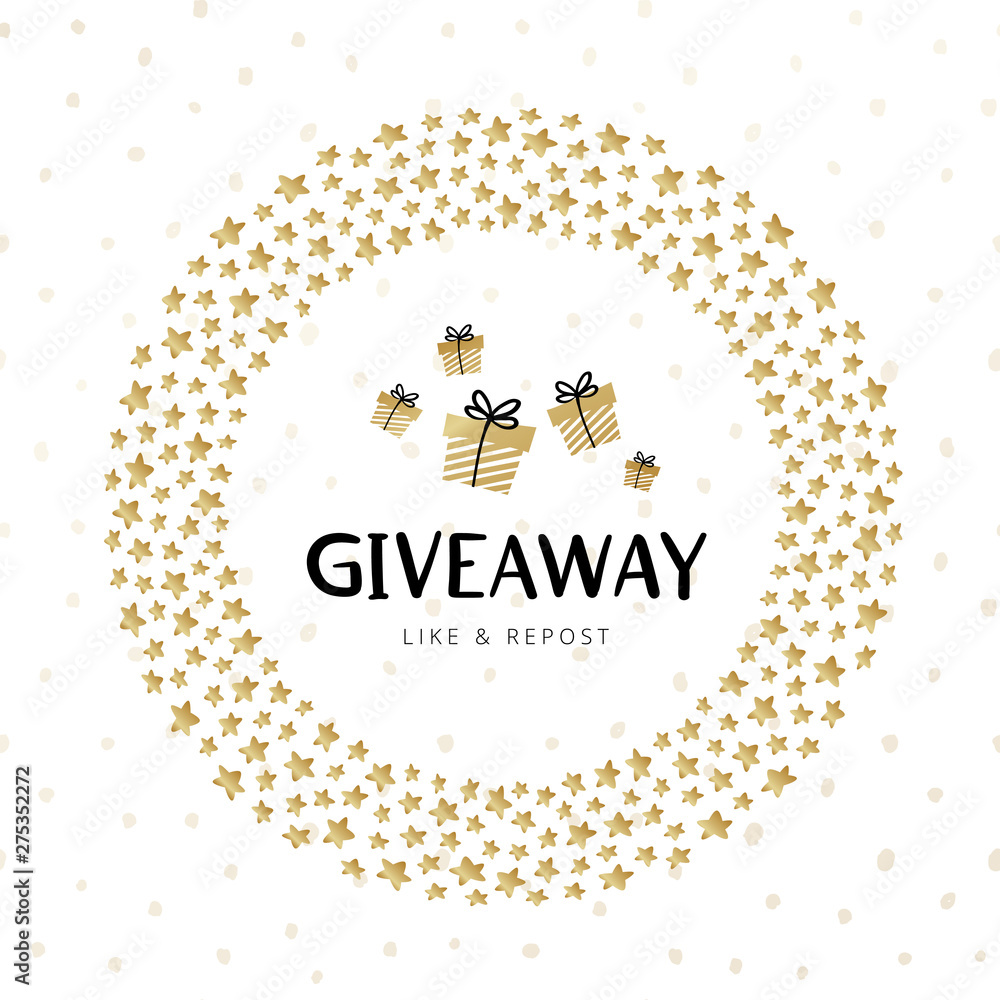 Golden gift boxes with text "giveaway" in round frame of small gold ...