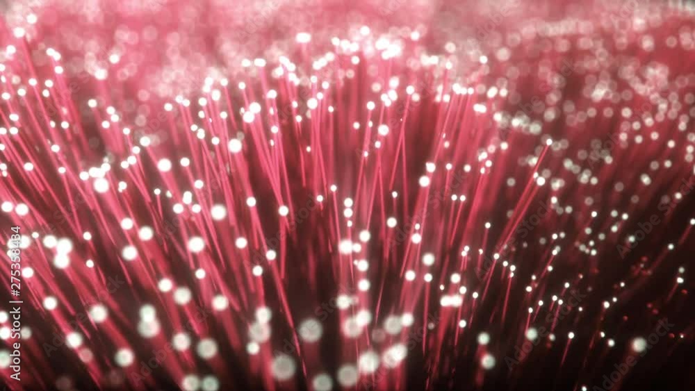Millions of fiber optic cables with light movement, camera moves along ...