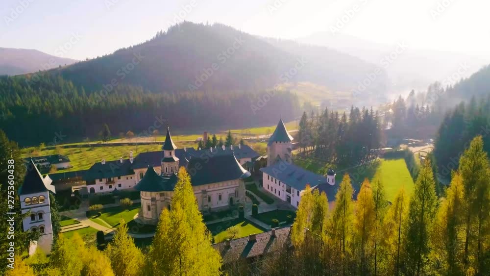 Aerial view of Putna medieval orthodox monastery. One of the most ...