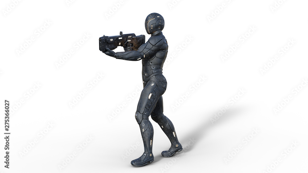 Futuristic android soldier in bulletproof armor, military cyborg armed ...