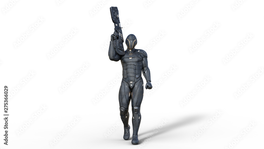 Futuristic android soldier in bulletproof armor, military cyborg armed ...
