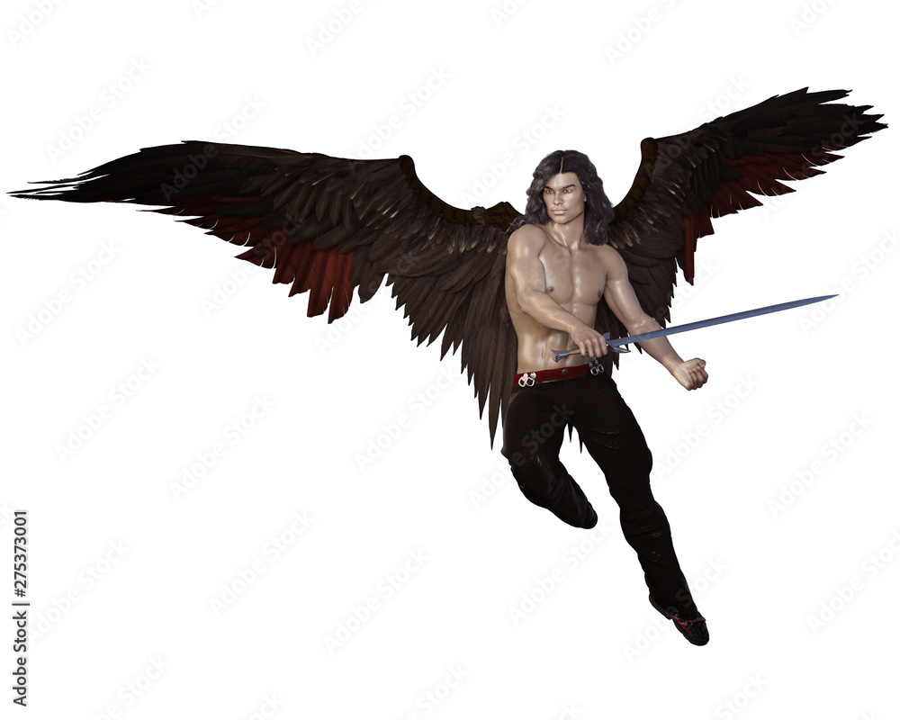 Fallen angel man with large brown wings and leather pants and sword. 3d ...