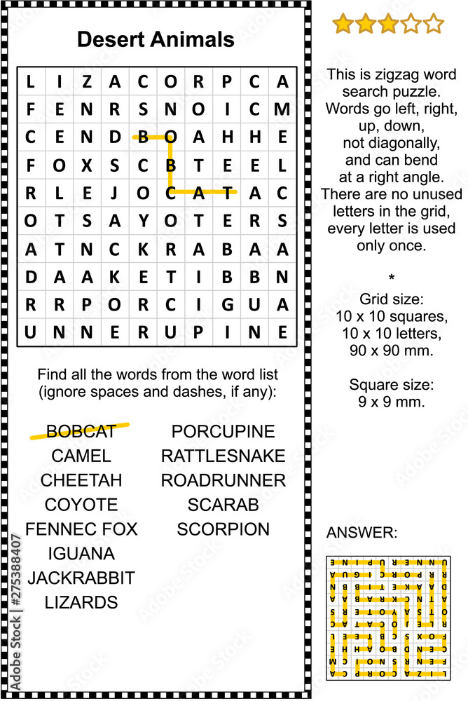 Desert animals themed zigzag word search puzzle (suitable both for kids ...