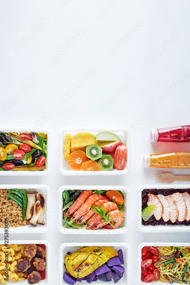 Prepared meal delivery concept. Top view of ready to eat dishes on ...