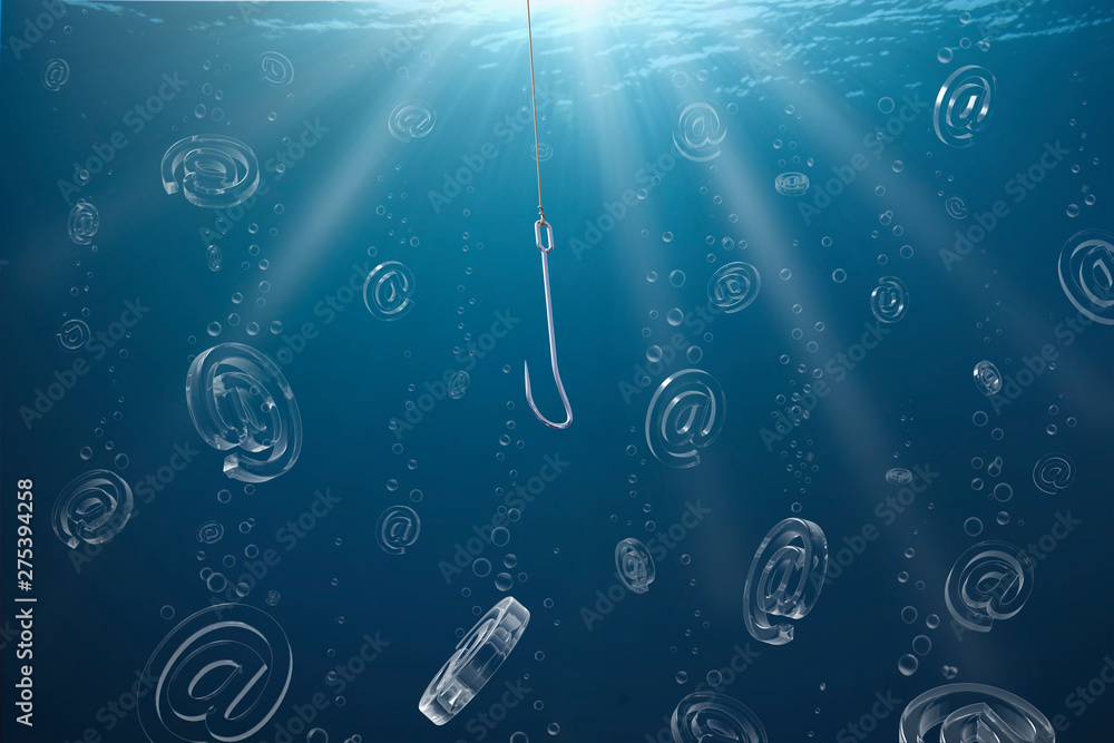 Blue underwater scene of a phishing hook trying to catch “@” signs ...