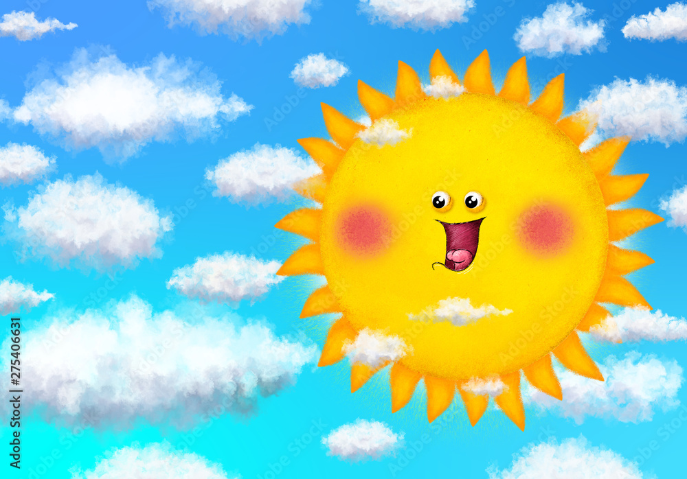 Fun sun cartoon. Shining in the sky between clouds. Happy and useful ...