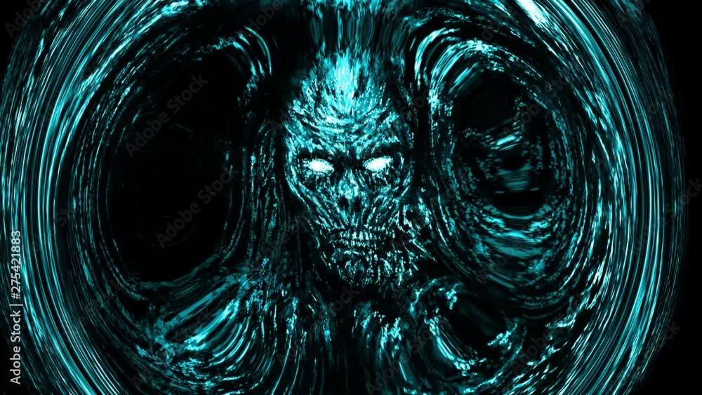 Scary blue zombie face emerging from darkness with whirlpool effect ...
