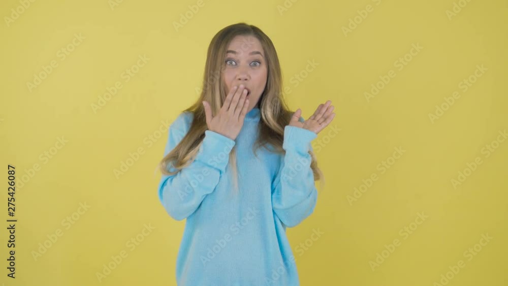 Surprised girl face. Close up of shocked woman face expression. Wow ...