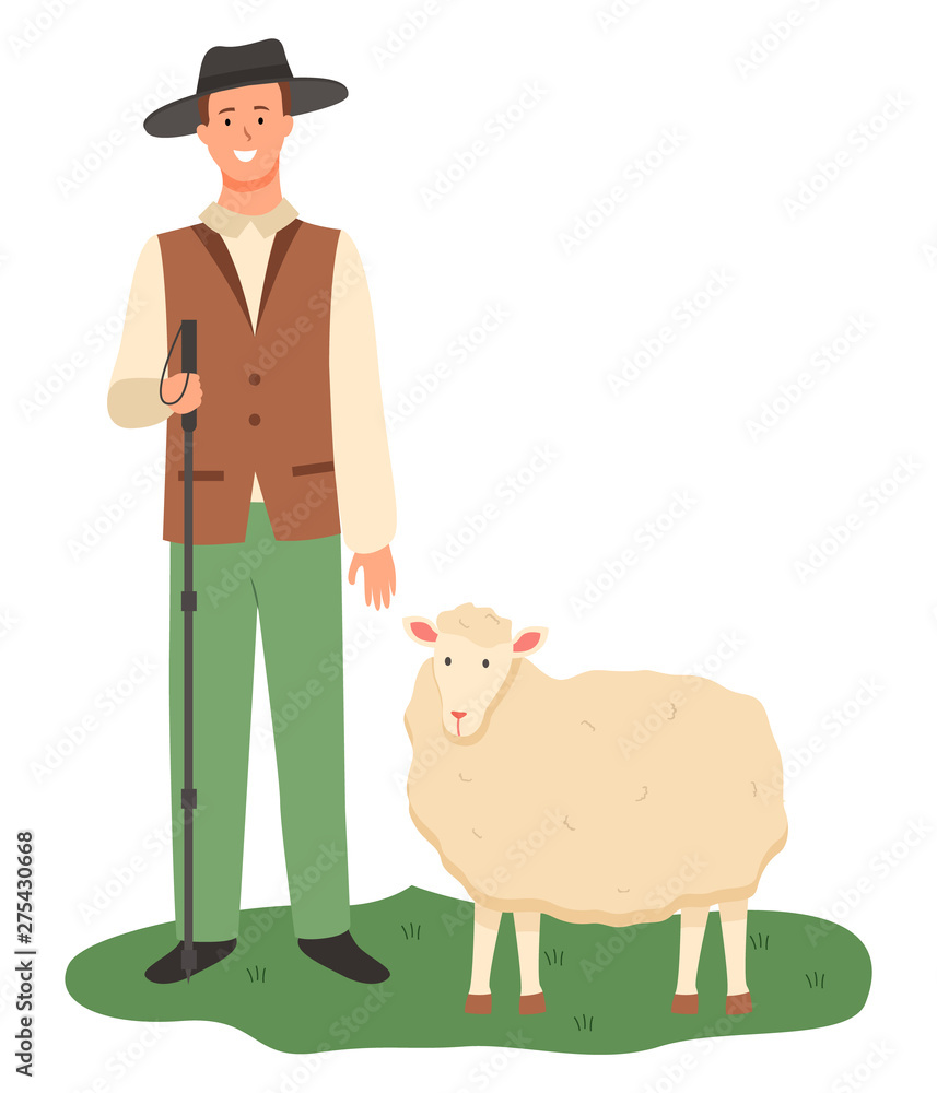 Shepherd with sheep vector, isolated male wearing uniform and hat on ...