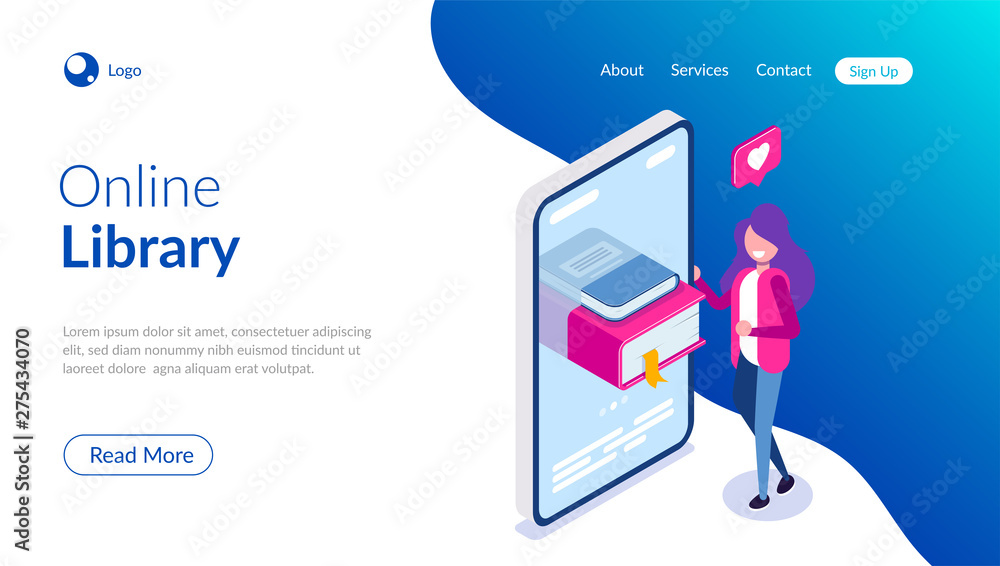 Online library concept. Books in your phone or tablet. Young girl love ...