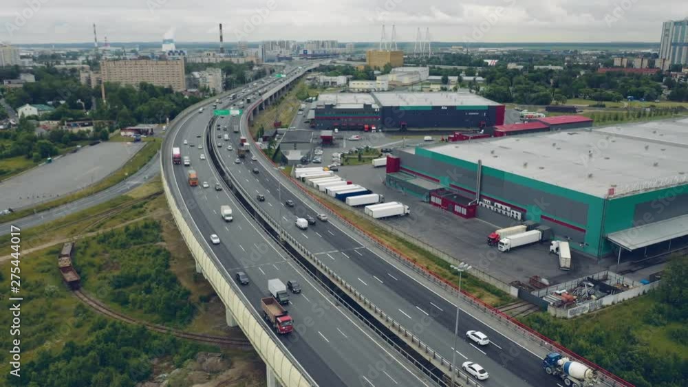 Aerial view of highway rest area with large car park for cars and ...