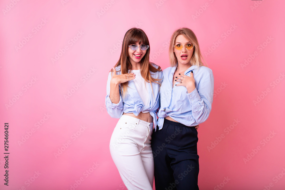 Indoor fashion lifestyle portrait of pretty teen happy friends girls ...