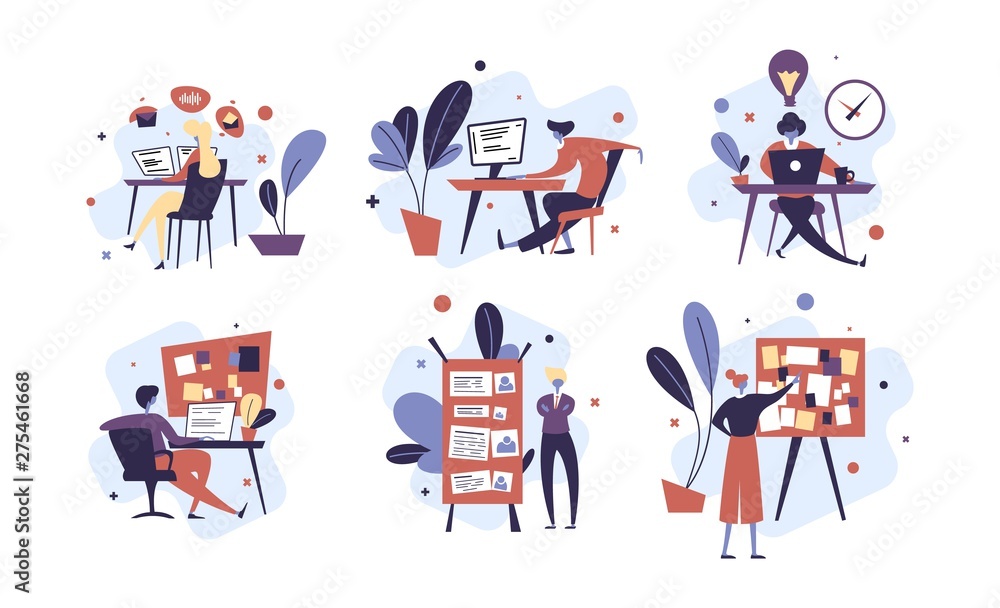 Collection of people successfully organizing their tasks and ...