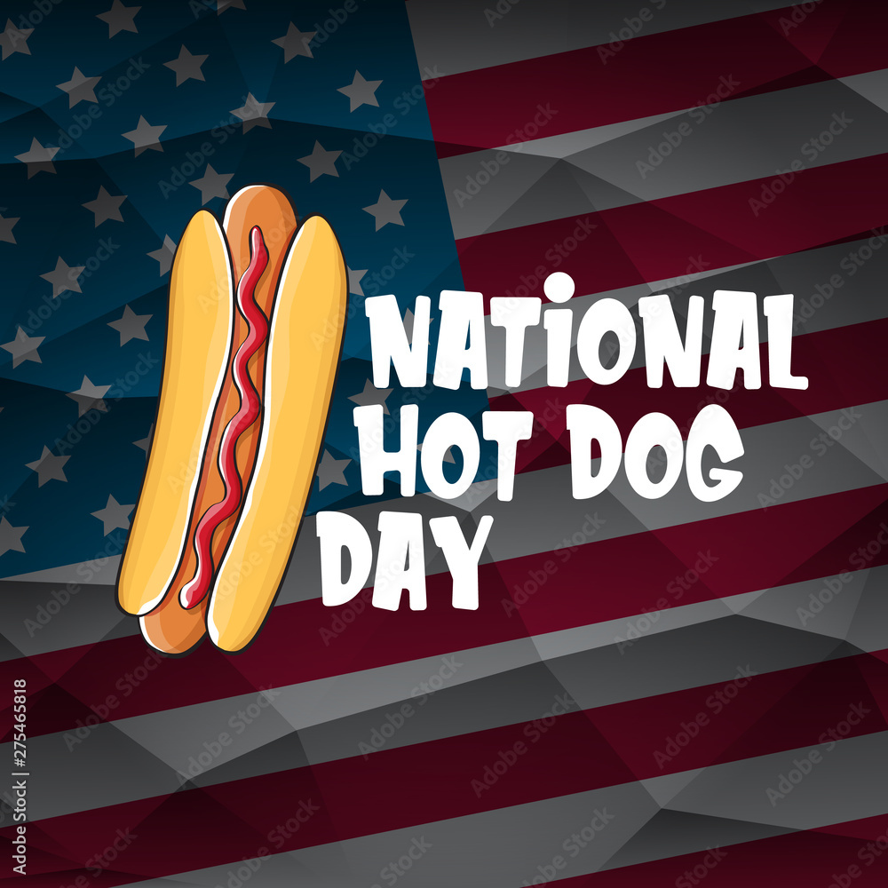 National hot dog day poster with funny cartoon hot dog. Hot dog day ...